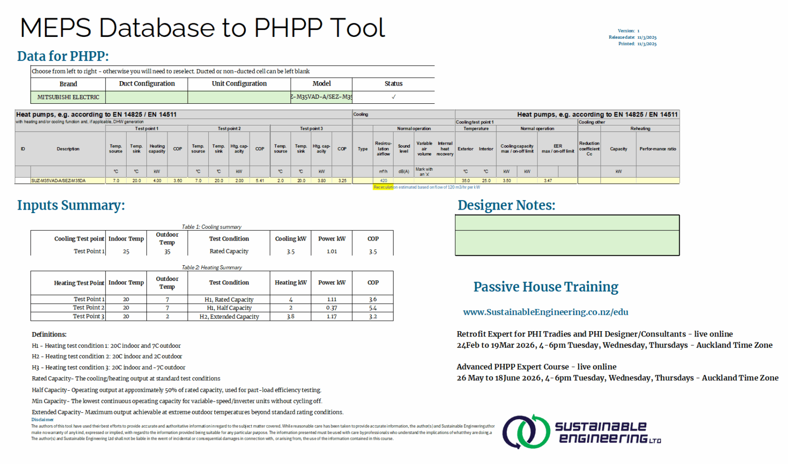 MEPS Heat Pump to PHPP tool for New Zealand and Australia (MEPS tool ...